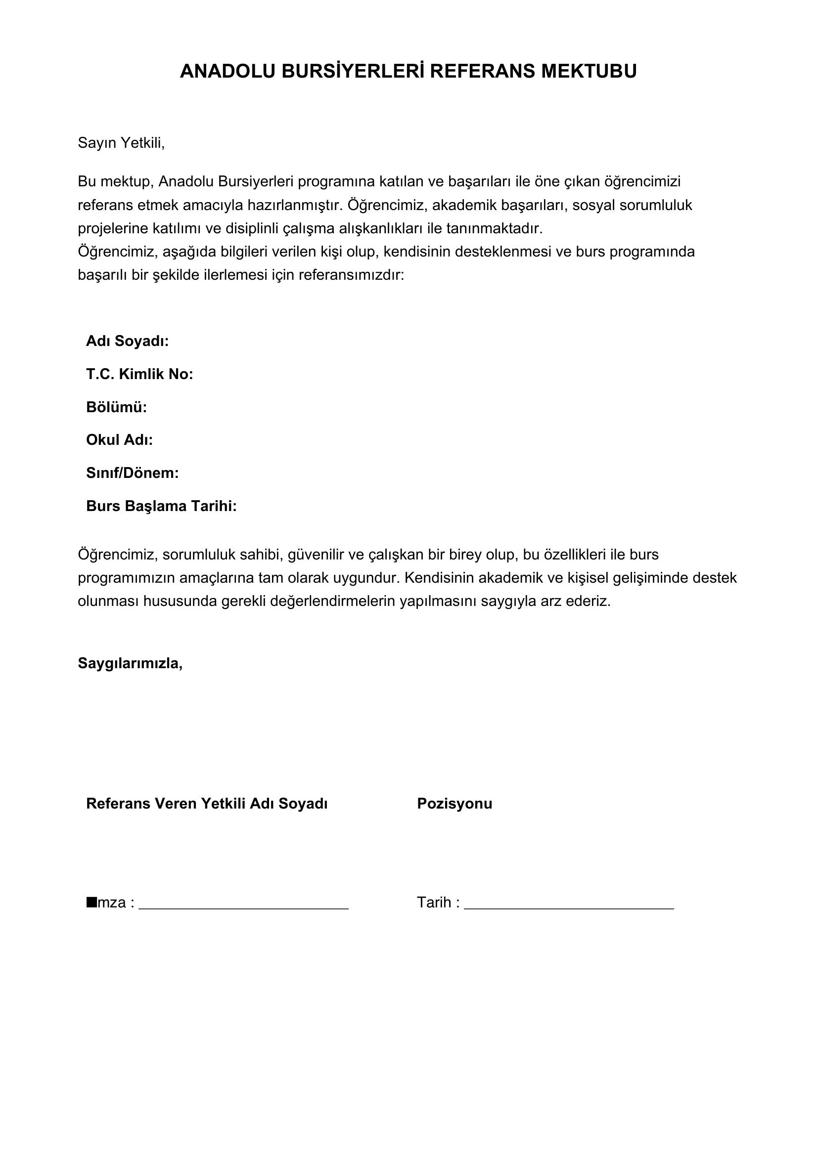 Anadolu Bursiyerleri Referans Mektubu Örneği