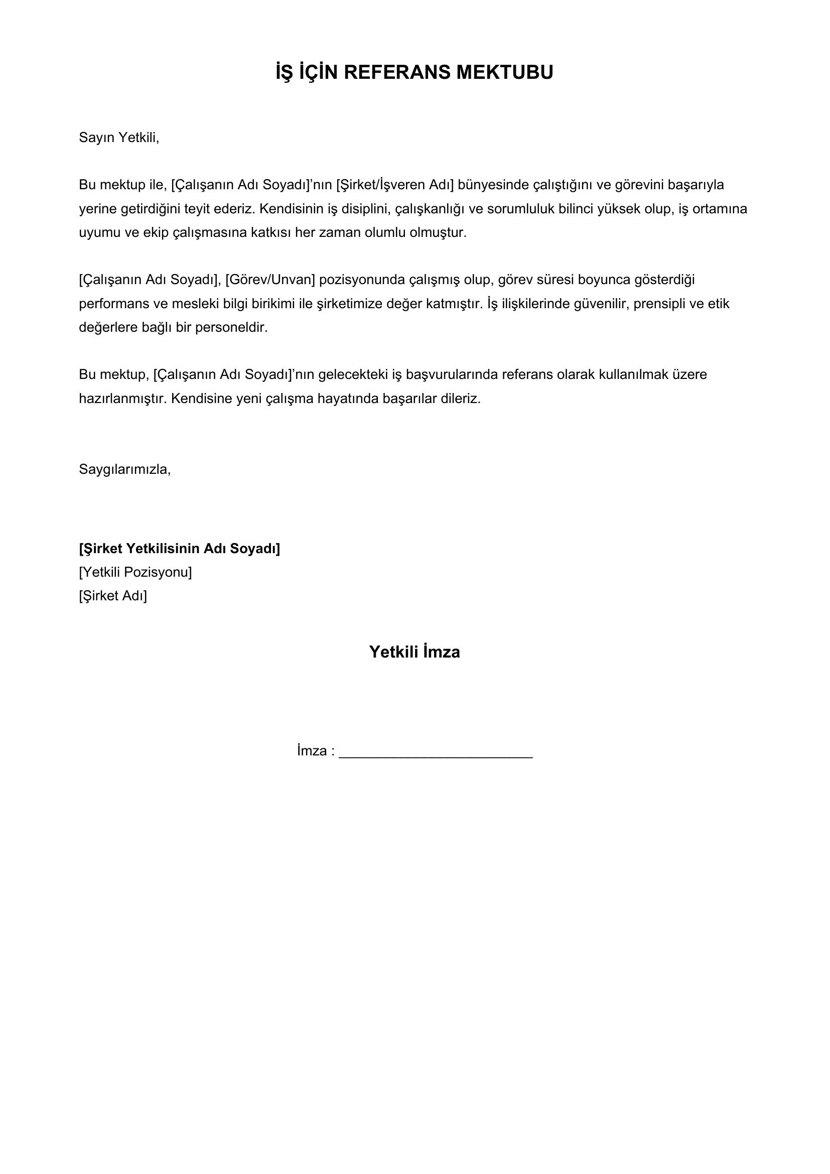 Iş Için Referans Mektubu Örneği